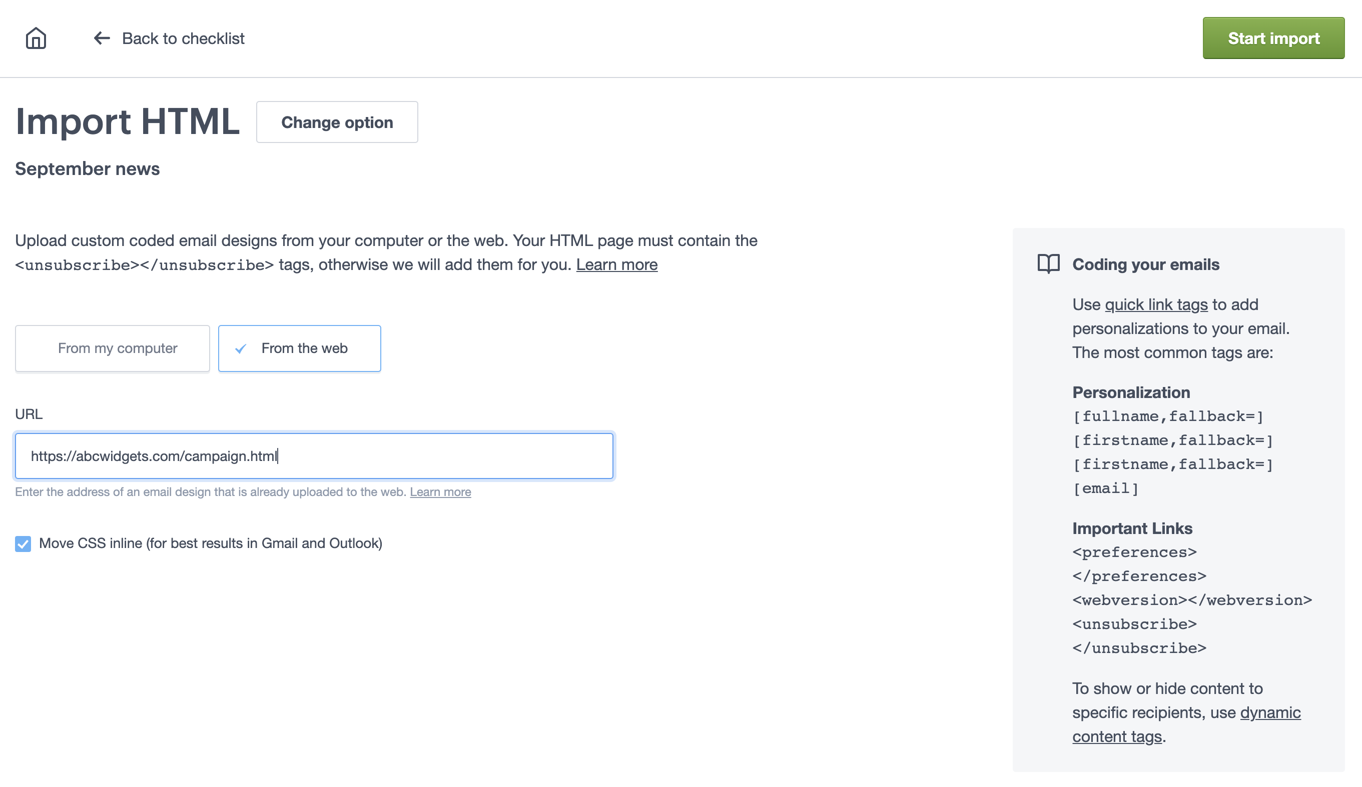 Import custom coded emails from the web