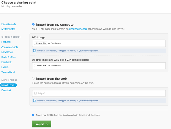 Import custom coded emails from the web