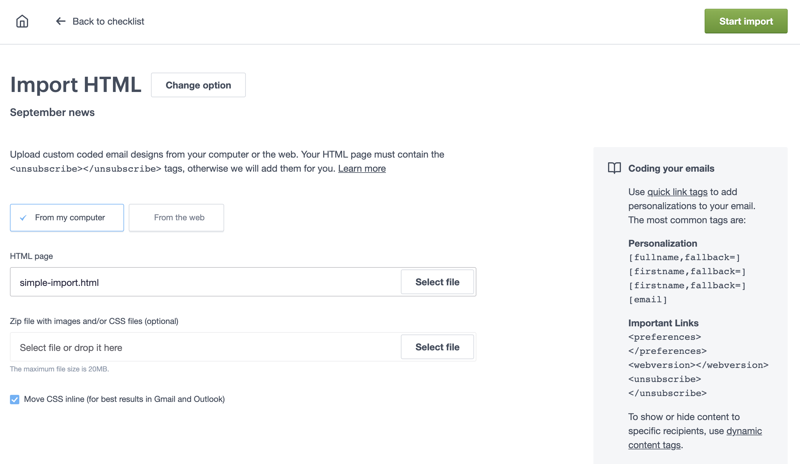 Import custom coded emails from your computer